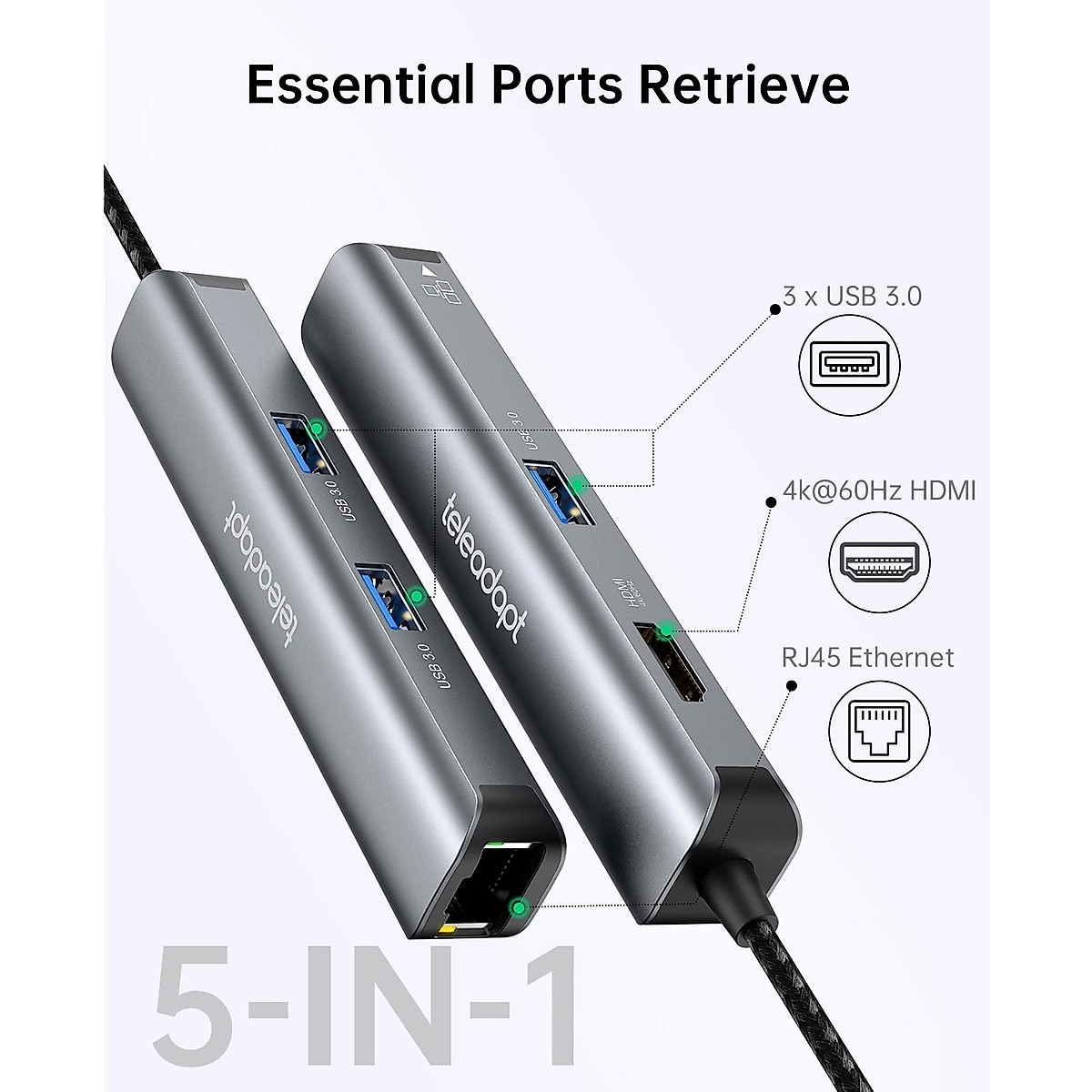 Teleadapt USB Type-C 5-in-1 Hub Adapter. 4K HDMI, 1Gbps Ethernet, 3 x USB 3.0 5Gbps Data Ports. Ideal for MacBook Air/Pro, iPad Pro, Dell XPS