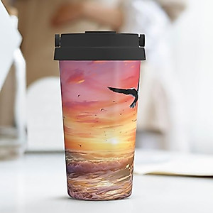 GTKSYNVE Reusable Coffee Mug with Lid and Handle, Sea gull Flying Over Colorful Sky Tumbler for Hot & Cold Drinks 16oz Stainless Steel Insulated Coffee Tumblers Double Wall Vacuum Thermal Cup