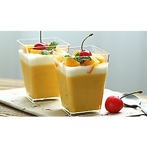 Tosnail 50 Pack 5 Oz Tall Square Clear Plastic Dessert Tumbler Cups with 50 Pieces Plastic Lids and 50 Pieces Plastic Tasting Spoons - Clear