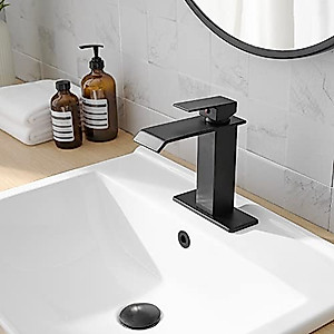 BATHLAVISH Matte Black Bathroom Faucet Waterfall Single Hole with Pop Up Drain with Overflow Matt Modern Single Handle Vanity Lavatory Sink 1 or 3 Hole Deck Mount