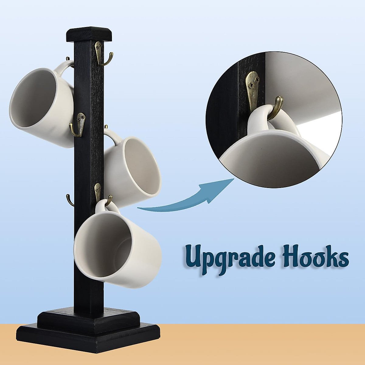 EMASON Rustic Coffee Mug Tree Stand, Solid Wood Holder for 6 Mugs, Space-Saving Kitchen Organizer, Stylish and Sturdy Cup Display Rack, Black