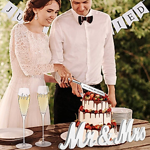 YULVINE Engraved Mr and Mrs Champagne Flutes Wooden Sign,Wedding Toasting Glasses for Bride and Groom,Cake Knife and Server Set Just Married Banner for Couple Reception Ceremony