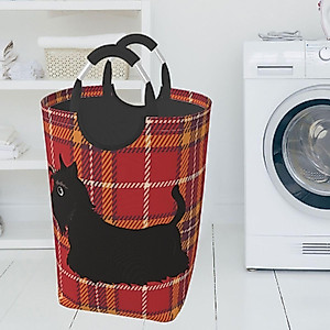 AMABCDET Collapsible Laundry Basket with Aluminum Handle, 50L Large Capacity Waterproof Red Plaid Black Scottish Terrier Pattern Dirty Clothes Hamper for Bedroom Bathroom Living Room