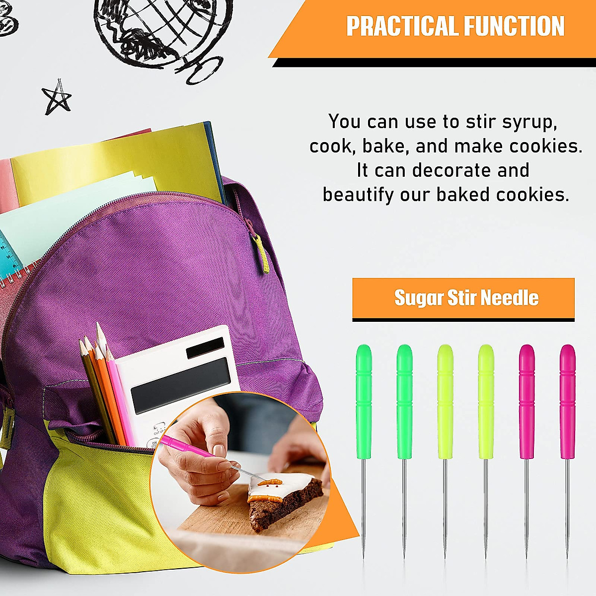 8 Piece Back to School Cookie Cutter Fondant Cutter Shapes Mini Plaque Frame Stainless Steel Biscuit Cutter and 6 Pieces Sugar Stir Needles Sugar Stirring Pins for Kitchen Baking