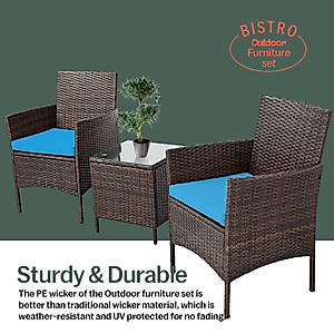 Pyramid Home Decor Alvino Patio Bistro Set 3-Piece Outdoor Wicker Furniture Sets, Modern Rattan Garden Conversation Chair with Thick Cushion and Glass Top Coffee Table (Light Blue)