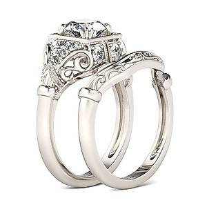 Jeulia Vintage Milgrain Round Cut Sterling Silver Ring Set Wedding Engagement Anniversary Promise Ring Bridal Sets for Women With Jewelry Box (Silver, 7)