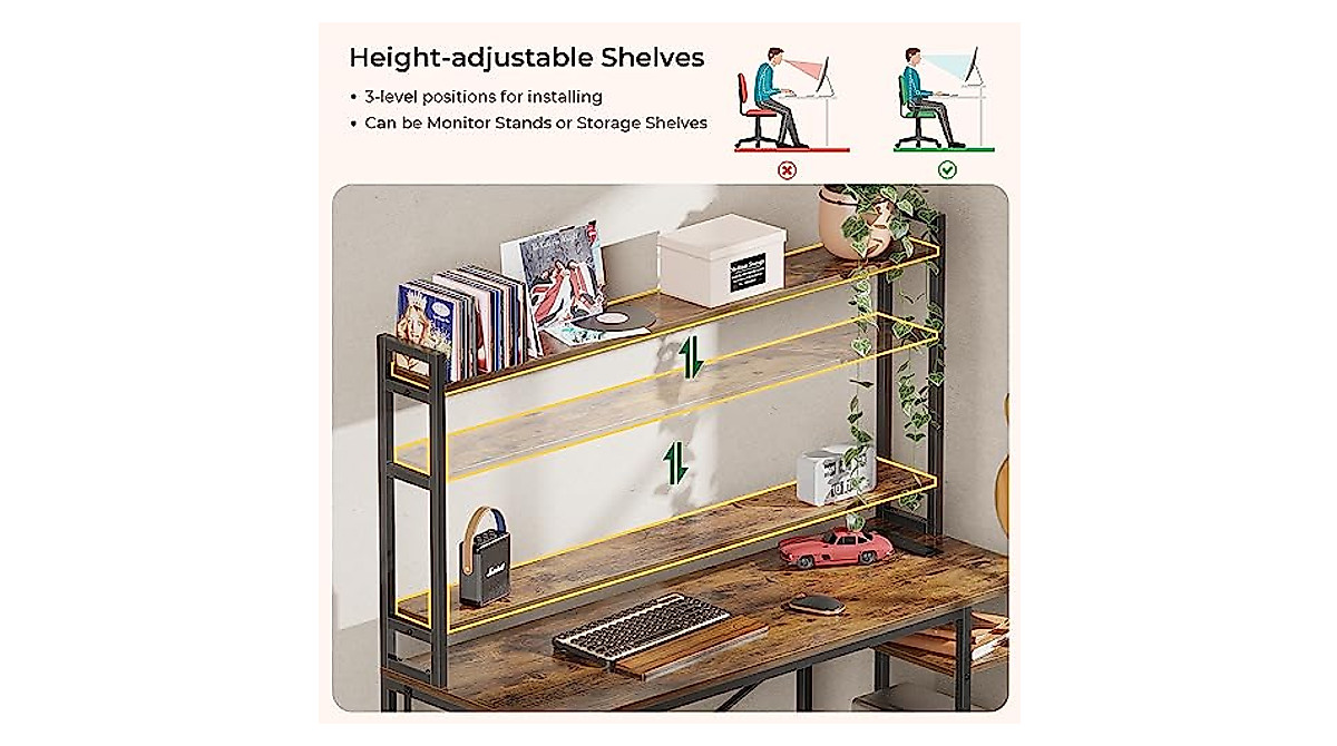 Huuger 55-inch Computer Desk with LED Lights & Adjustable Shelves