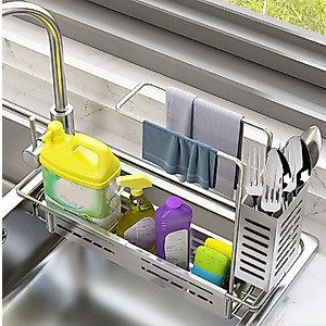 ParkNbuy Expandable Kitchen Sink Caddy Sponge Holder,Stainless Steel Telescopic Sink Storage Rack,Over Sink Adjustable Sponge Holder for Kitchen Sink with Dishcloth Towel Rack,Black