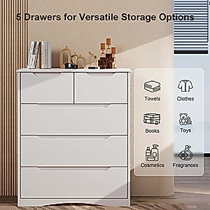 Gizoon 5 Drawers Chest, White Bedroom Drawer Dresser and Organizer with Large Storage Capacity, Embedded Handle, and Sturdy Anti-tripping Device, Modern Design Cabinet for Hallway, Office, Living Room