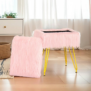 MOOWIND Vanity Stool Chair with Storage, Soft Ottoman Seat Vanity Stool with Anti-Slip Feet, Fluffy Padded Seat Multifunctional Footrest Side Table with 4 Metal Legs for Makeup, Bedroom, Pink