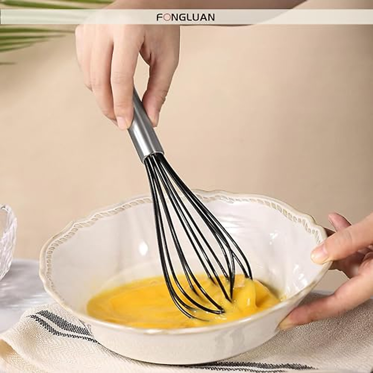 FONGLUAN Kitchen Utensils, Set of 5, Silicone Cooking Utensils Set with Stainless Steel Handle, Turner/Spatula, Spoon, Ladle, Whisk, Masher, Heat Resistant, Nonstick Cookware, Dishwasher Safe, Black