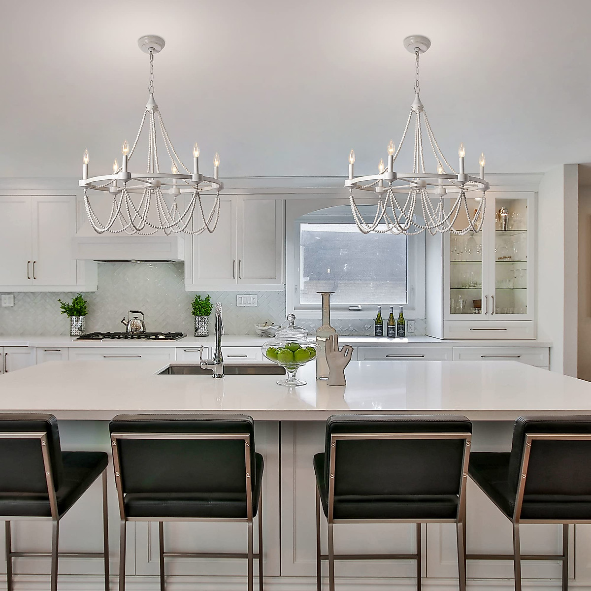 28 Inch White Beaded Chandelier Bohemian Style, 6-Light Retro Wood Country Chandelier, Farmhouse Chandeliers for Dining Room, (Bulb Not Included)