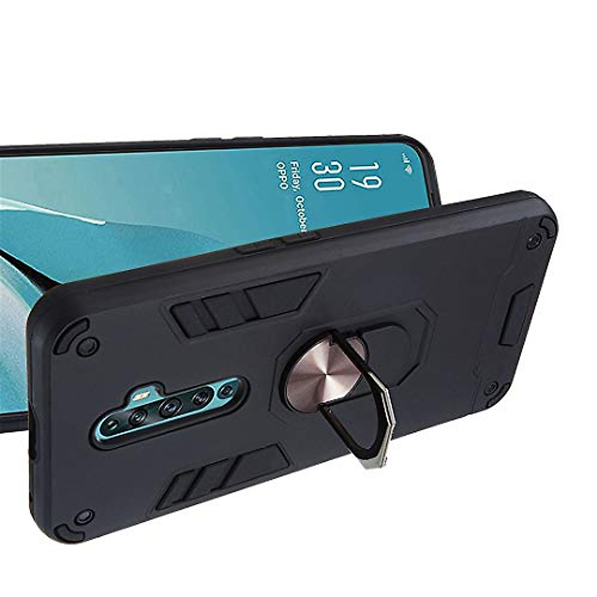 SATURCASE Case for Oppo Reno2 Z / Reno2 F, Armor Hybrid 2 in 1 [PC & Silicone] Dual-Layer Ring Kickstand Bumper Shockproof Protective Cover for Oppo Reno2 Z / Reno2 F (Black)