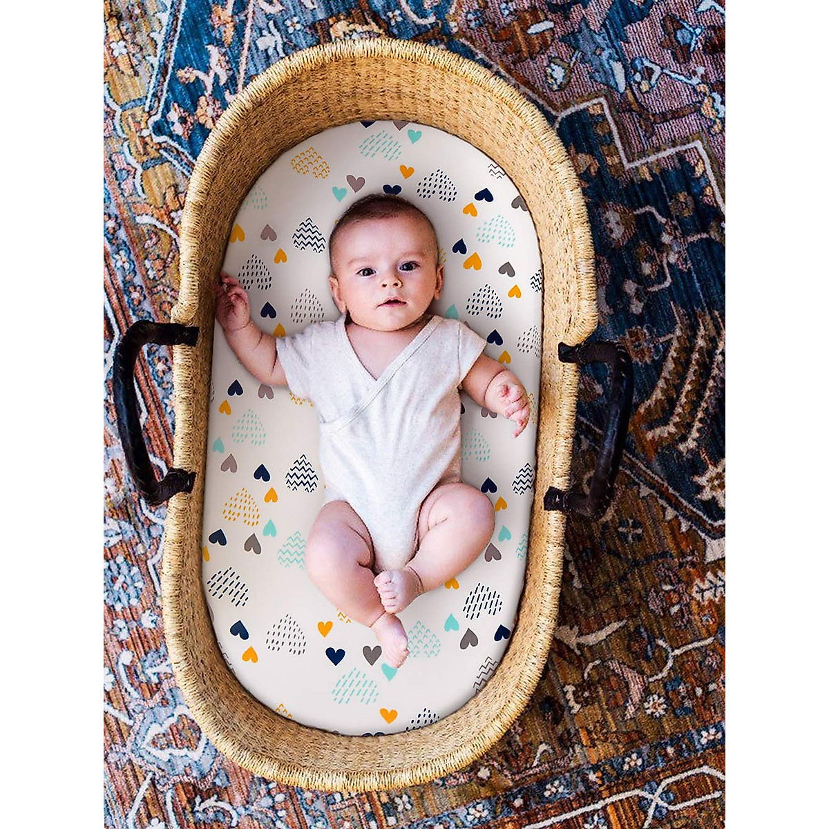 COSMOPLUS Bassinet Sheet Set 2 Pack Stretch Fitted Craddle Fitted Sheets for Bassinet Pads/Mattress, for Boys Girls,Unisex,Ultra Soft,Heart Pattern