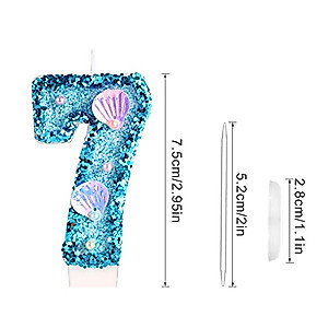 KINBOM 3inch Birthday Number Candles, Blue Glitter Number Candle Cake Topper Shell Sequins Cake Numeral Candles Number Candles for Birthday Anniversary Mermaid Themed Party (Number 7)