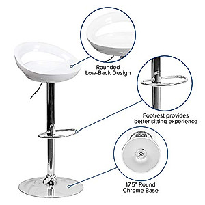 Flash Furniture Wilson 2 Pack Contemporary White Plastic Adjustable Height Barstool with Rounded Cutout Back and Chrome Base