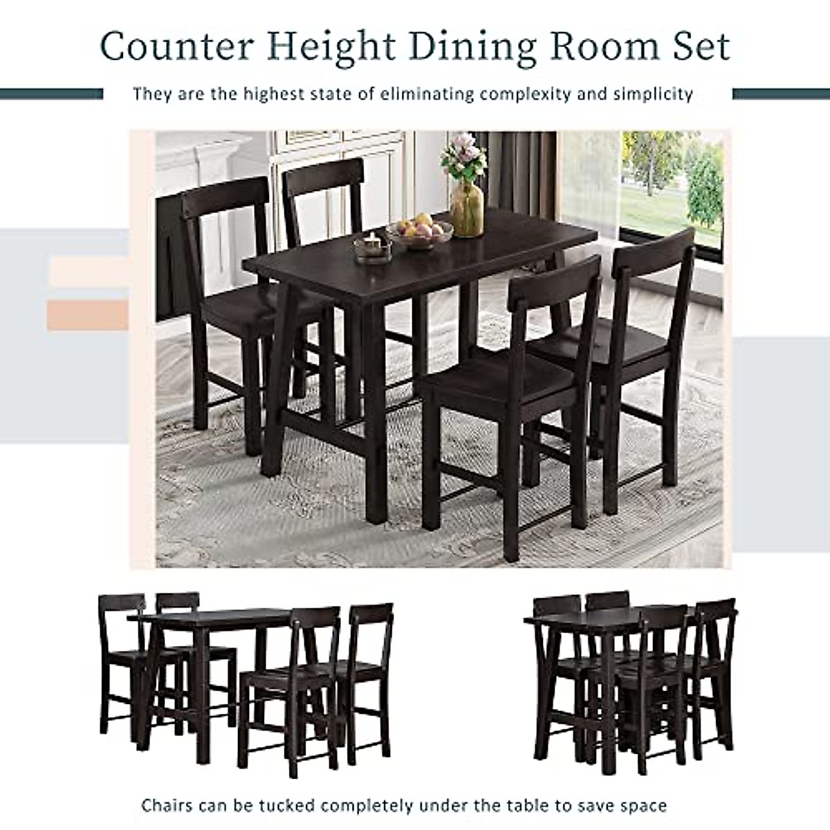 Dinehome 5-Piece Counter Height Dining Set, Minimalist Industrial Style Wood & Metal Table with 4 Chairs for Small Space, Espresso