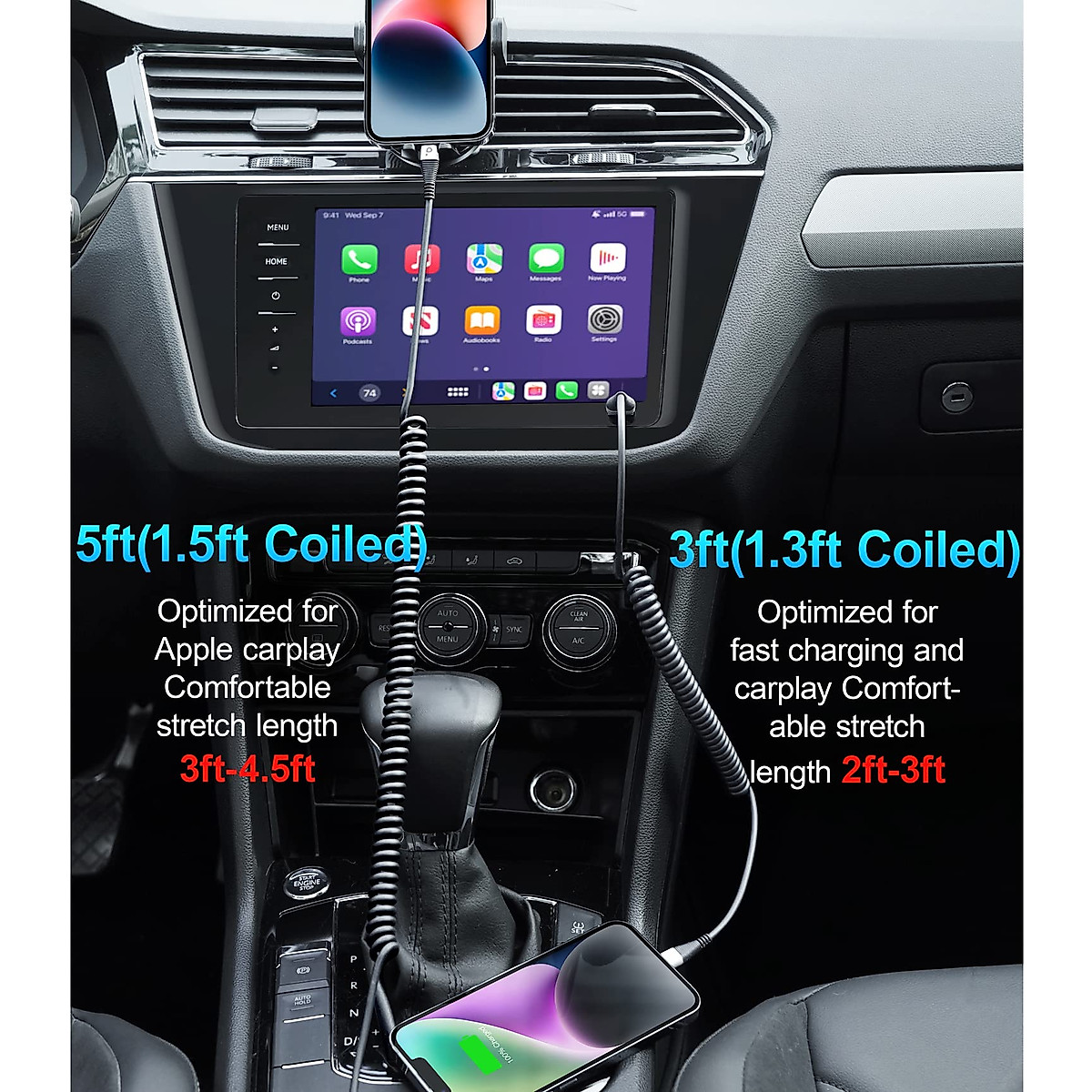 iPhone Charger Cable for Car (3FT/5FT), 2Pack Coiled Lightning Cable, [Apple MFi Certified] Retractable Charging Cord Compatible with iPhone 14/13/12/11 Pro Max/XS MAX/XR/XS/8/iPad/iPod/CarPlay
