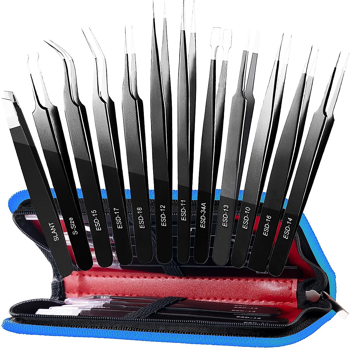 Antonki 12 Pack Precision Tweezers Set, Point and Slant Metal Tweezer Kits for Craft, Soldering, Jewelry, Ingrown Hair, Eyelash Extension, Eyebrow - with Case