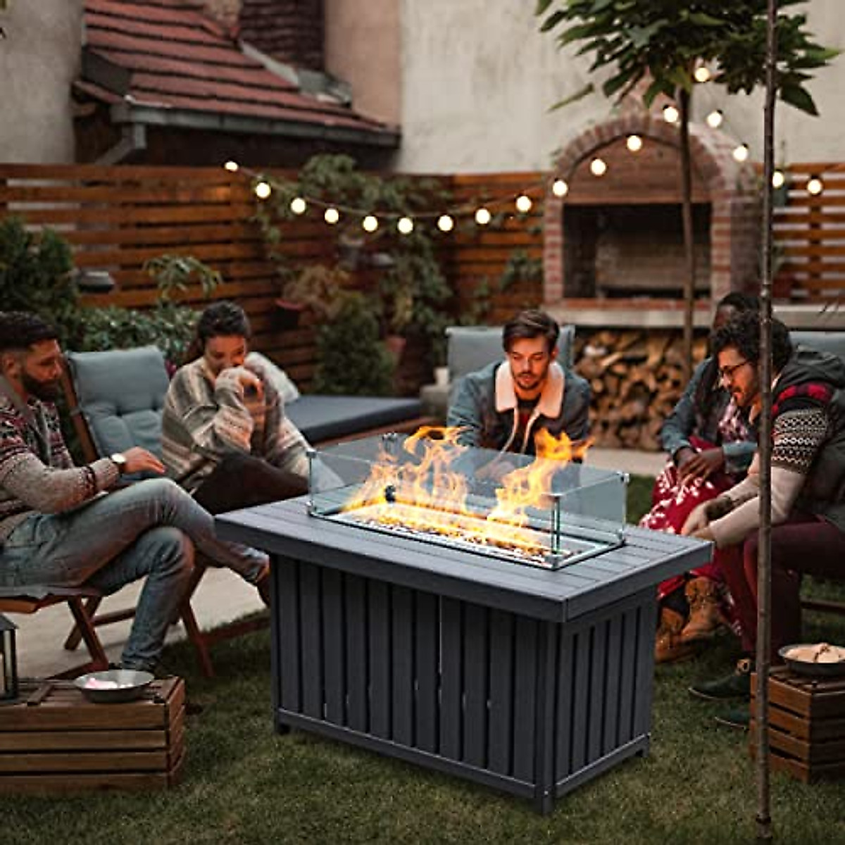 43'' Propane Fire Pit Table, 50,000 BTU Gas Fire Pit , CSA Certified Outdoor Patio Fire Table with Glass Wind Guard, Fire Glass and Lid, Safe for Garden Deck Patio Backyard (Grey)