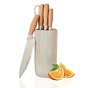 FTNESGYM Kitchen Knife Set, 6-Piece Khaki Cooking Knife Set with Star Grain Blade, Sharp Stainless Steel Chef Knife Set Contains Round Knife Storage, Knives, Scissors for Home Kitchen (Khaki)
