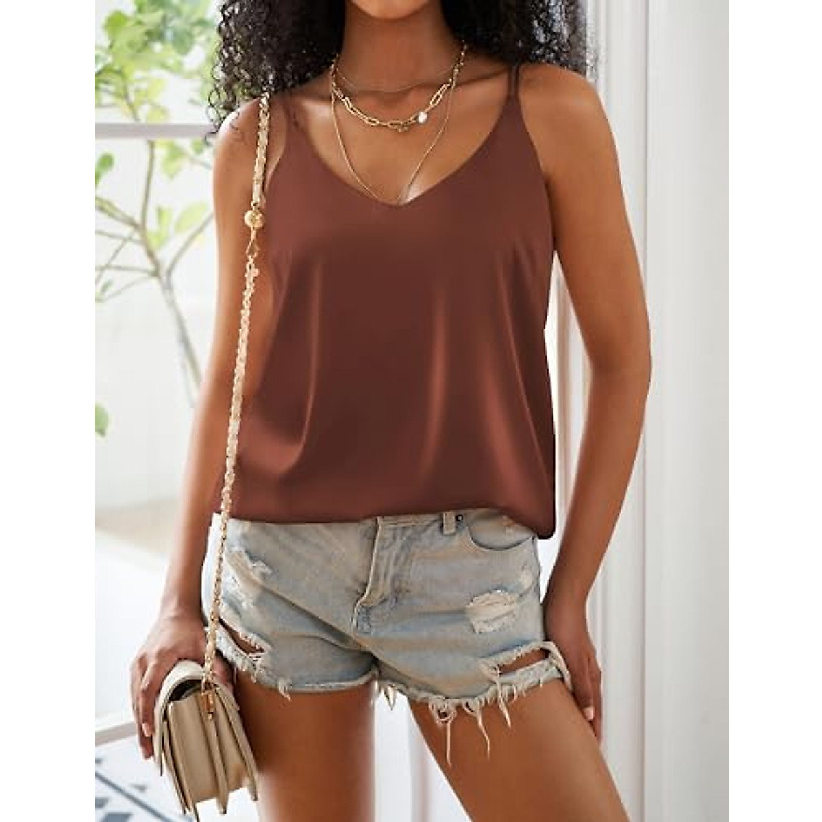 Ekouaer Womens 2-Pack Silk Satin Camisole Tank Top V Neck Sexy Cross Back Spaghetti Strap Cami Sleeveless Lounge Tops