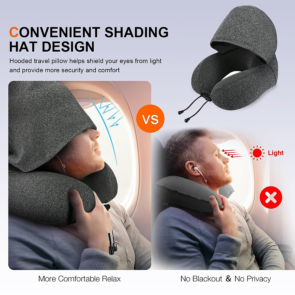 Cirorld Neck Pillow for Travel, Memory Foam Travel Pillow with Hood, Adult Airplane Pillow for Head Rest Neck Support, Portable Pillow for Office Cars Trains Long Flights Sleeping (Deep Grey)