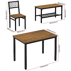 Teraves Dining Table Set for 4/Computer Desk,Kitchen Table with 2 Chairs and a Bench,Table and Chairs Dining Room Set 4 Piece Set for Dining Room (Teak, 110CM)/ 43.31"