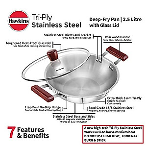 HAWKINS Triply 3 mm Stainless Steel Deep Fry Pan 2.5 LTR with Lid, Silver (SSD25G), Standard