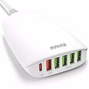 USB Charging Station, MANTO 65W PD3.0 & QC3.0 USB C Charger, 6-Port Desktop Charger with 1 USB C and 5 USB A Ports Compatible with MacBook Pro/Air, Laptops, iPad, iPhone, Galaxy and More