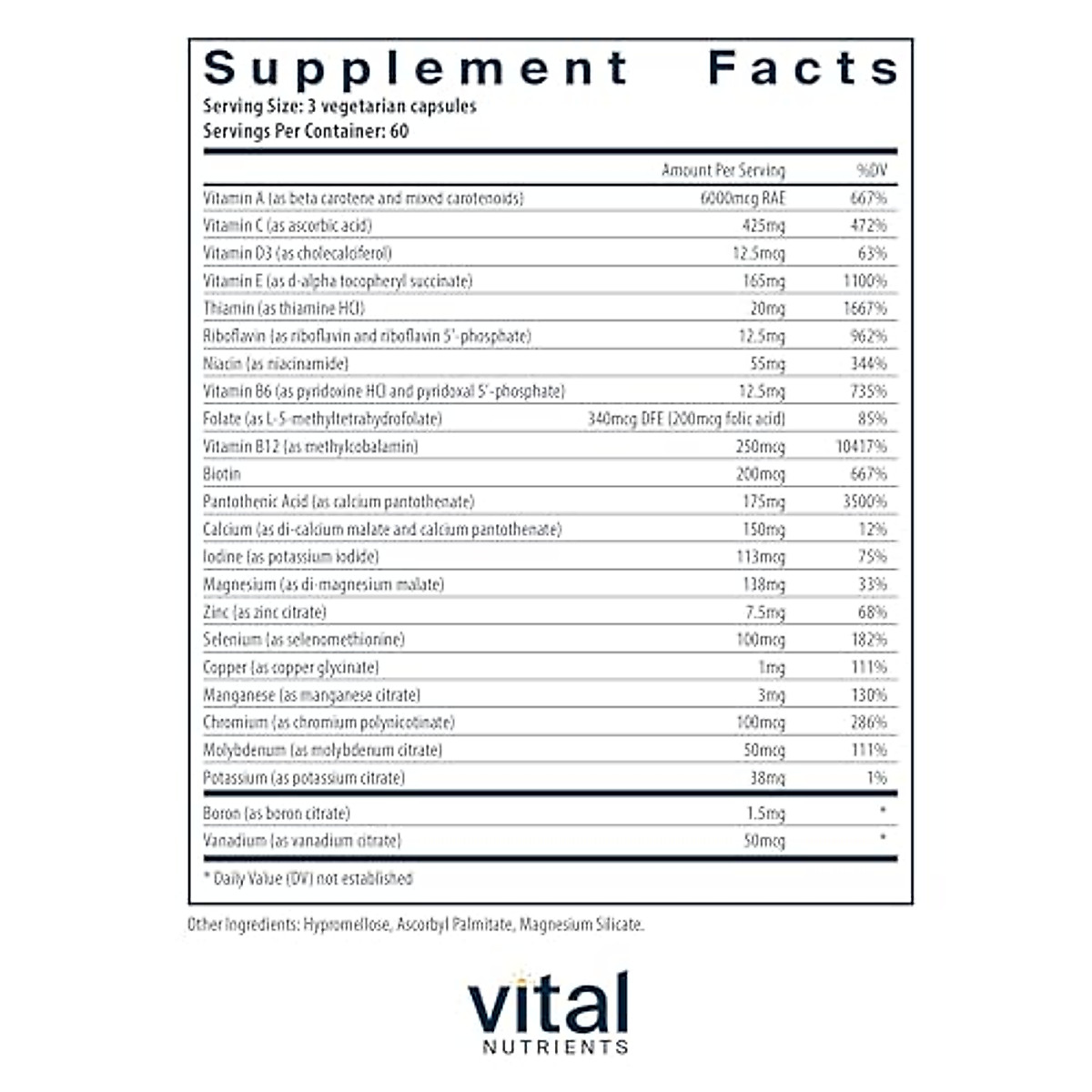 Vital Nutrients - Multi-Nutrients 2 - Citrate/Malate Formula (with Copper and without Iron) - Multi-Vitamin/Mineral, Potent Antioxidants, Gentle Bioavailable Form - 180 Vegetarian Capsules per Bottle