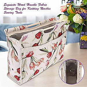 Wood Handles Knitting Bag Travel Yarn Organizer Crochet Bag for Knitting Needles Sewing Tools 16.5x11.8x4.3in(Red Flower)