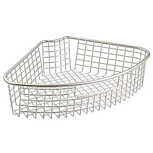 mDesign Farmhouse Metal Kitchen Cabinet Lazy Susan Storage Organizer Basket with Front Handle - Large Pie-Shaped 1/4 Wedge, 4.4" Deep Container - Satin