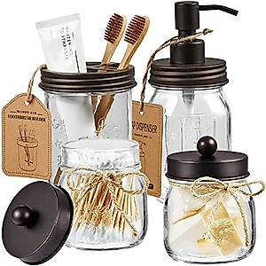 Mason Jar Bathroom Accessories Set(4 Pcs) -Lotion Soap Dispenser & 2 Cotton Swab Holder &Toothbrush Holder-Rustic Farmhouse Decor,Countertop Vanity Organize，Bathroom Home Decor (Bronze)