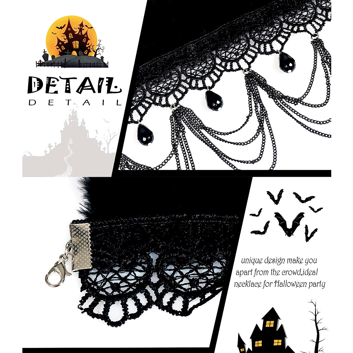 L'VOW Black Feather Choker Necklace Gothic Jewelry Vampire Neck Chain Steampunk Tattoo Lace Accessories Halloween Costume(Black-1)