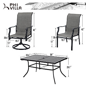 PHI VILLA 7 PCS Patio Dining Set, Outdoor Table Chair Set with Large Metal Table, 6 High Back Patio Chairs Include 4 Fixed and 2 Swivel Chair, Patio Furniture Dining Set for Patio Lawn Garden