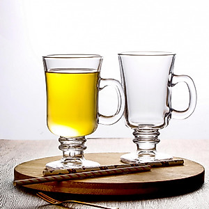 binsakao Set of 6 Irish Coffee Mugs, 8 Oz Glass Footed Espresso Cups with Handles, Clear Goblet Mugs Glasses for Coffee, Latte, Cappuccino, Smoothie, Hot Cold Beverages