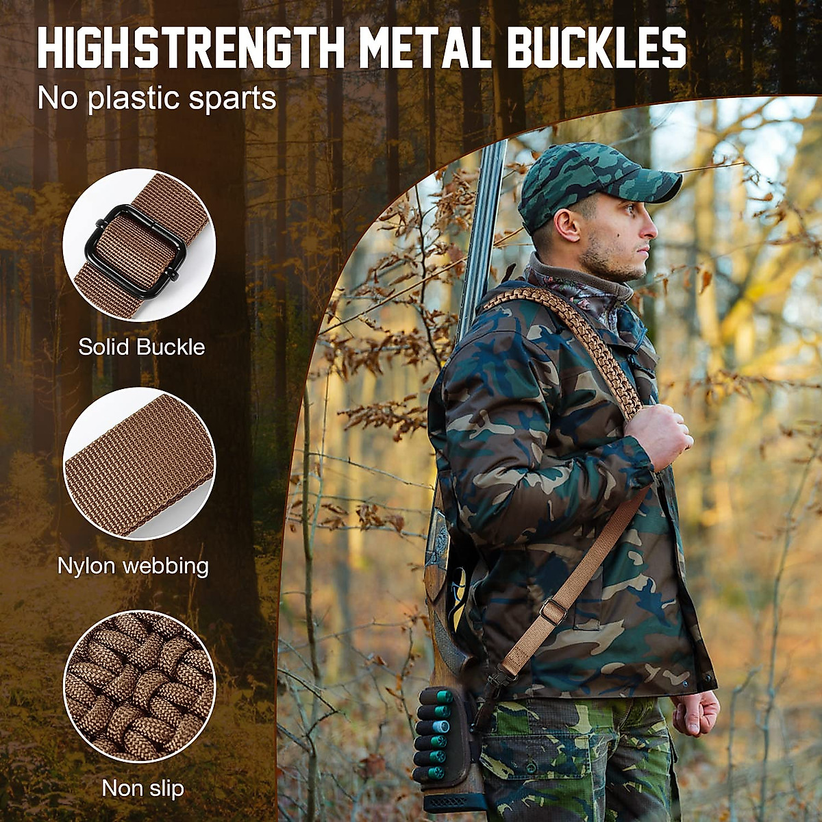 VVAAGG Two-Point Gun Sling with Swivels, Non-Slip Paracord Rifle Sling with Quick Adjustable Length Rifle Strap