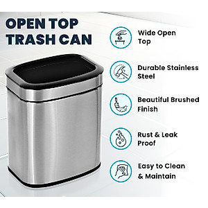 Alpine 10 Liter Small Bathroom Trash Can No Lid - Open Top Stainless Steel Bathroom Trash Can 2.6 Gallon, Slim Silver Trashcans for Bedroom, Office, Desk, Kitchen with Removable Bin for Easy Disposal