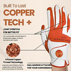 Copper Tech Plus Women's Golf Gloves with Ball Marker - Ladies Golf Gloves with 100% AAA Synthetic Leather - Wrist Support & Breathability - Golf Gloves Left Handed Golfer (Hand Orientation: Right)