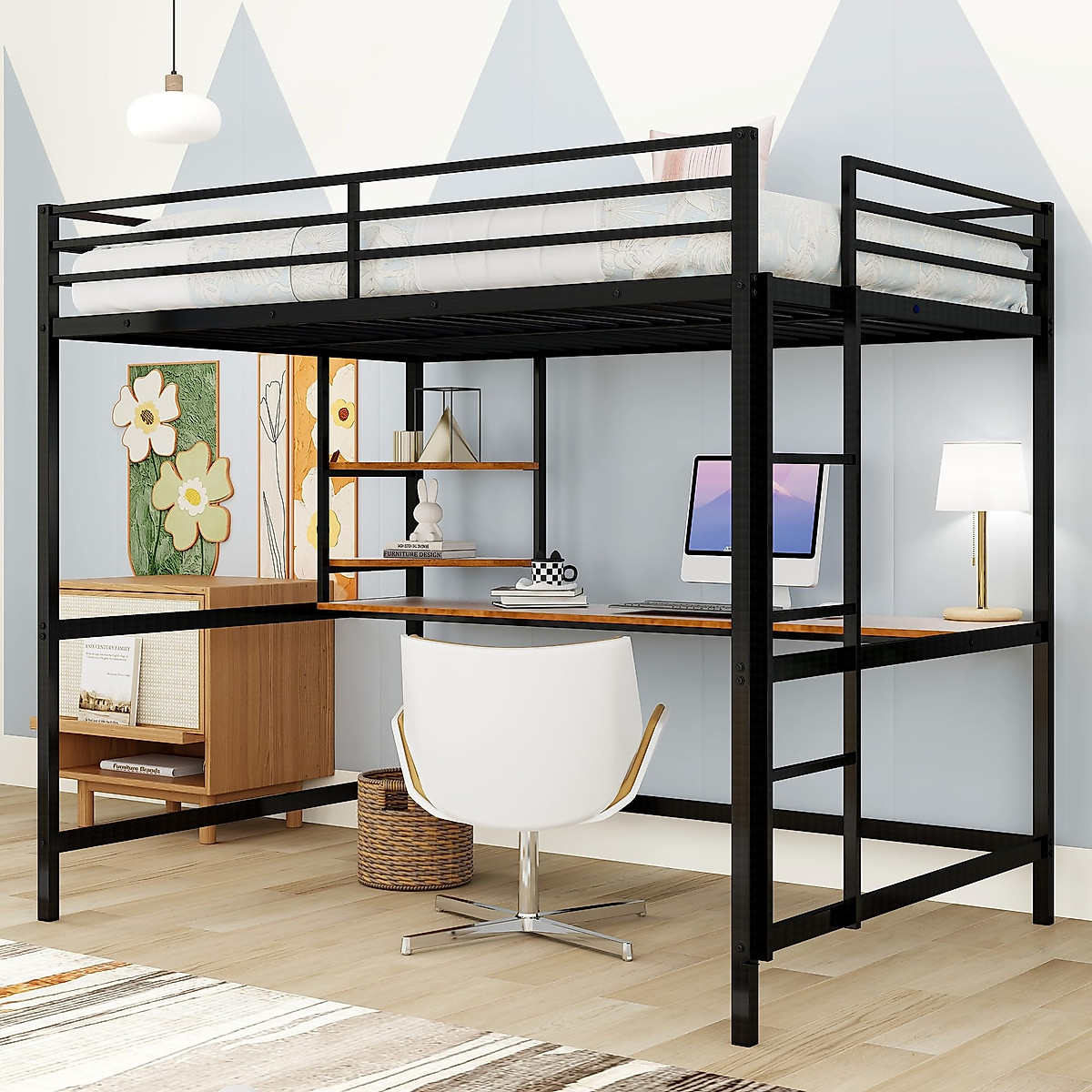 Full Size Loft Bed with Desk and Storage Shelves,Heavy-Duty Loft Bed Full for Kids,Metal Loft Bed Frame with Safety Guardrail,Space-Saving(Full,Black)