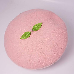 Kawaii Handmade Cartoon Beret Hat Green Leaves Fruit Cosplay Vintage Lolita Mori Girl Wool Cap Gift (Pink)