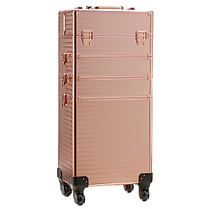 Channcase 4 in 1 Portable Traveling Aluminum Professional Makeup Trolley Cart with Multiple-Sized Compartments and Wheels, Rose Gold