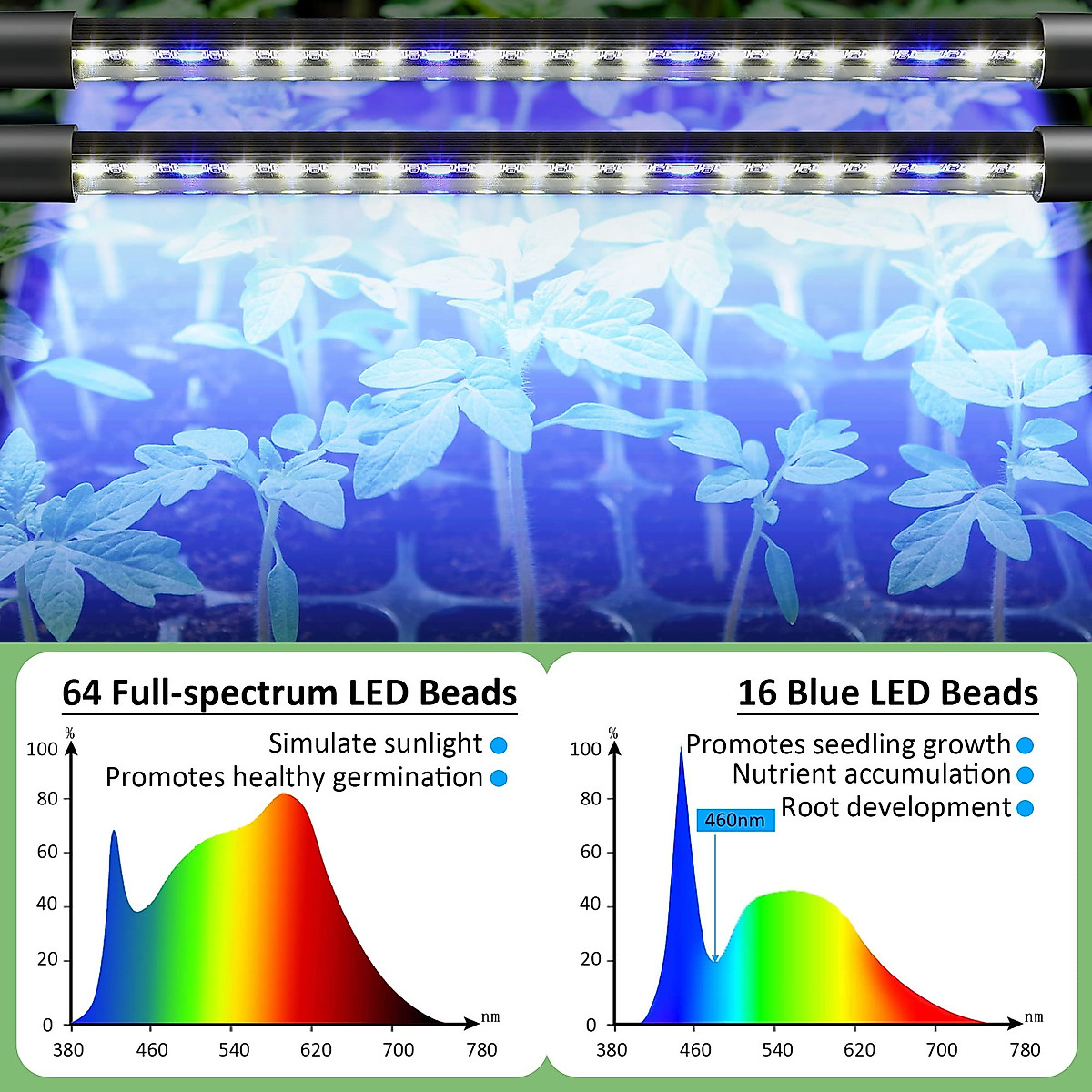 Saillong 2 Packs Seed Starter Tray with Grow Light High Dome Seed Germination Kit 80 Cells with 4 LED Grow Lights Seedling Starter Kit with Smart Timer and 3 Modes for Home Gardeners, Greenhouse