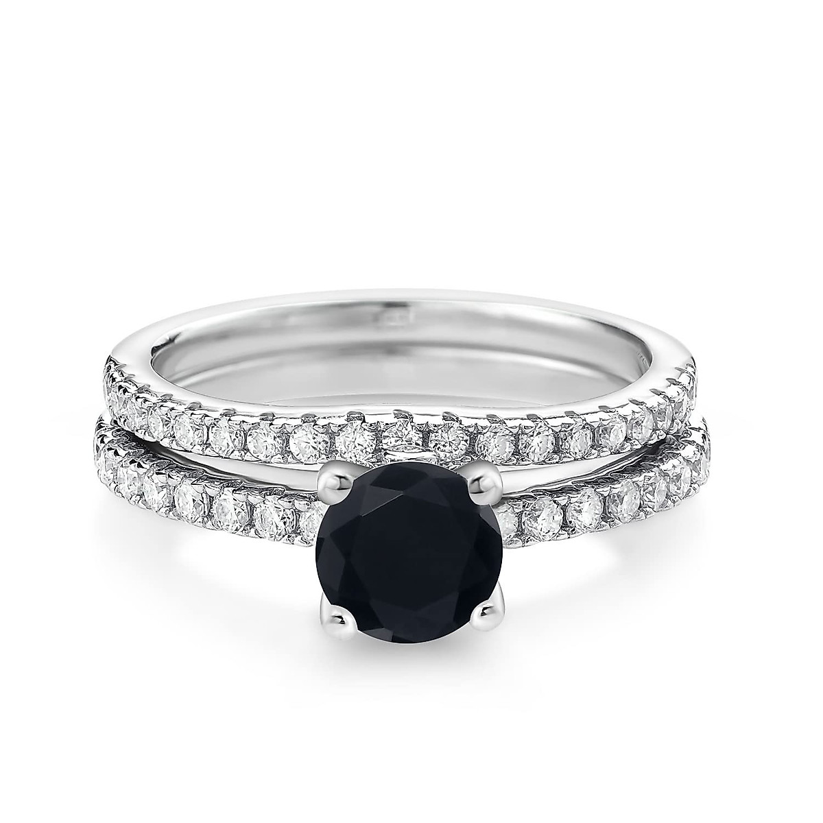 Gem Stone King 925 Sterling Silver Black Onyx and White Moissanite Wedding Engagement Band Bridal Set Ring For Women (1.29 Cttw, Gemstone December Birthstone, Available In Size 5, 6, 7, 8, 9)