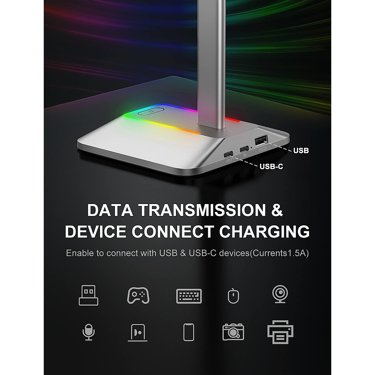 New bee RGB Headphone Stand with 1 USB-C Charging Port and 1 USB Charging Port, Desk Gaming Headset Stand with 7 Light Modes and Non-Slip Rubber Base Suitable for All Earphone Accessories (Silver)