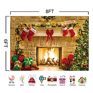 Haboke 8x6ft Christmas Fireplace Theme Backdrop for Photography Tree Sock Gift Decorations for Xmas Party Supplies Photo Background Pictures Banner Studio Decor Booth Props