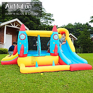 AirMyFun Inflatable Bounce House,Bouncy Castle with Air Blower,Play House with Ball Pit,Inflatable Kids Slide,Jumping Castle with Carry Bag(Rocket Theme)