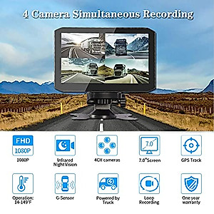 VSYSTO 4CH Truck Dash Cam, 7'' Monitor 4 Split Screen GPS HD1080P Front & Sides & Rear Backup Camera for Semi Trailer Truck Van Tractor RV, Infrared Night Vision Lens, G-Sensor, Loop Recording