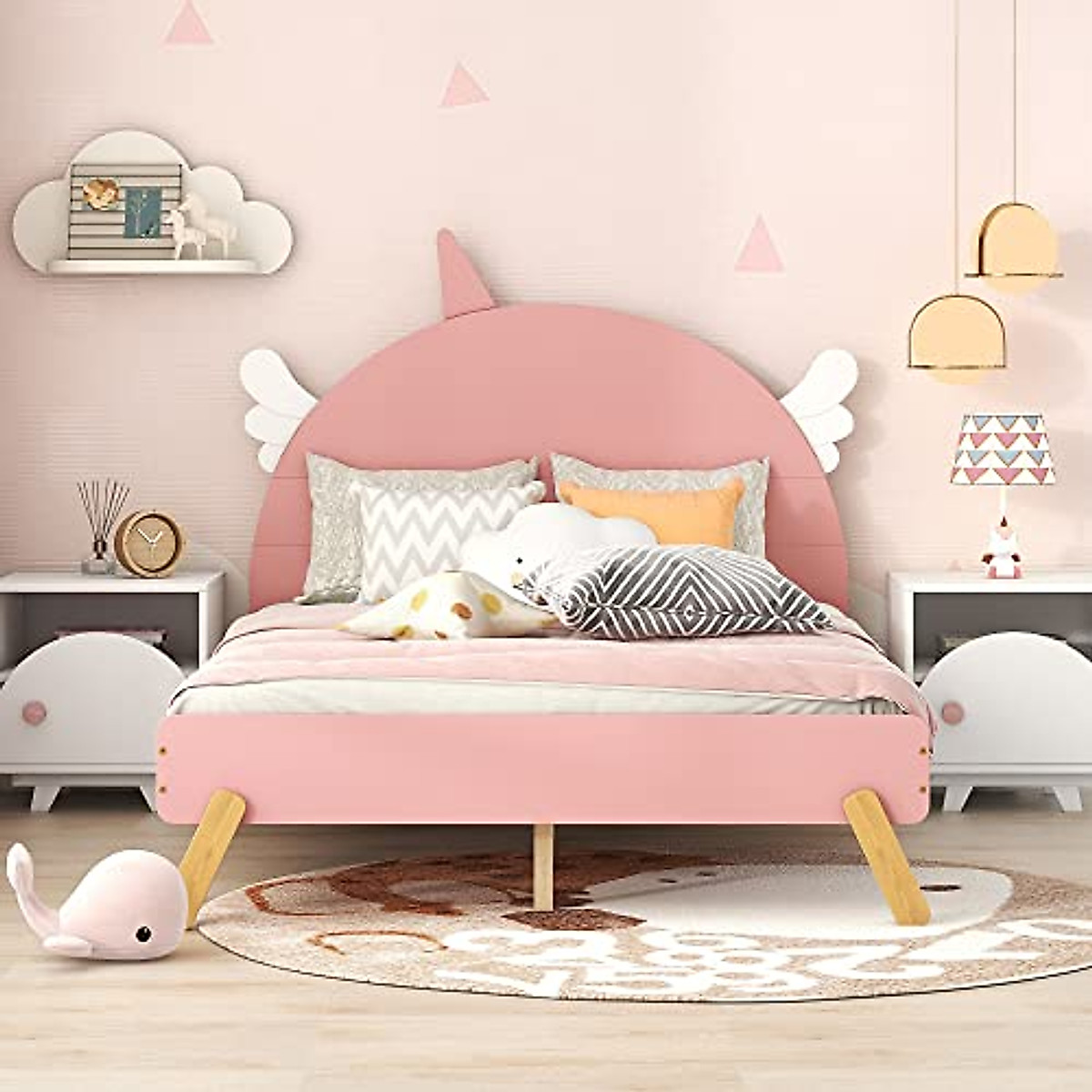 SOFTSEA Pink Full Bed Frame for Girls, Kids Cute Bed Frame Full Bed Frame with Headboard, Wood Platform Bed Frame for Kids, No Box Spring Needed Easy Assemble